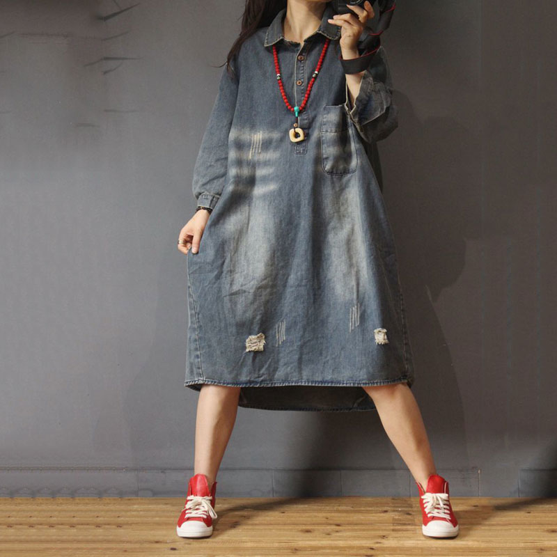 Color Fading Large Shirt Dress Denim Ripped Knee Length Dress in Blue ...
