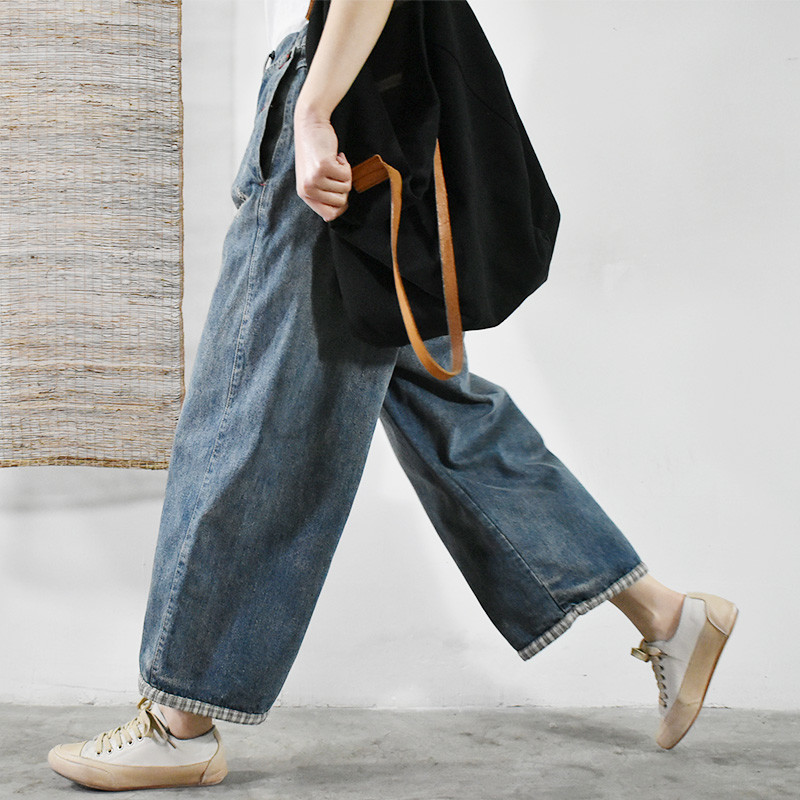 Street Style Wide Leg Cropped Jeans High Rise Culottes Jeans in Blue M ...