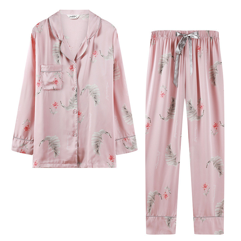 Coconut Leaf Pink Women Sets Silk Satin Sleepwear Sets for Women in ...