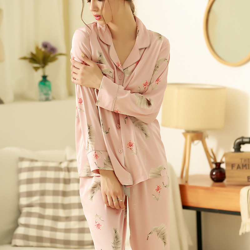 Coconut Leaf Pink Women Sets Silk Satin Sleepwear Sets for Women in ...