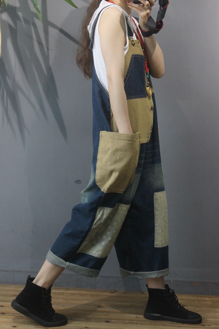 Cloth Patchwork Baggy Bib Overalls Vintage Jean Overalls in Dark Blue ...
