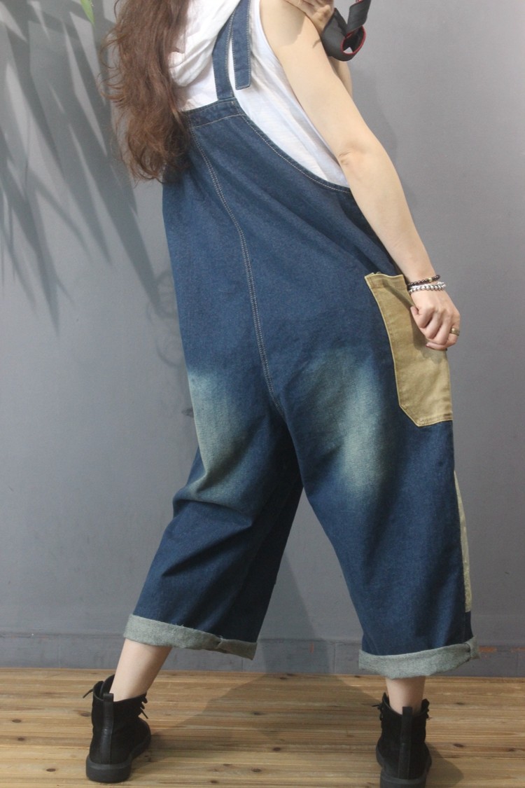 Cloth Patchwork Baggy Bib Overalls Vintage Jean Overalls in Dark Blue ...