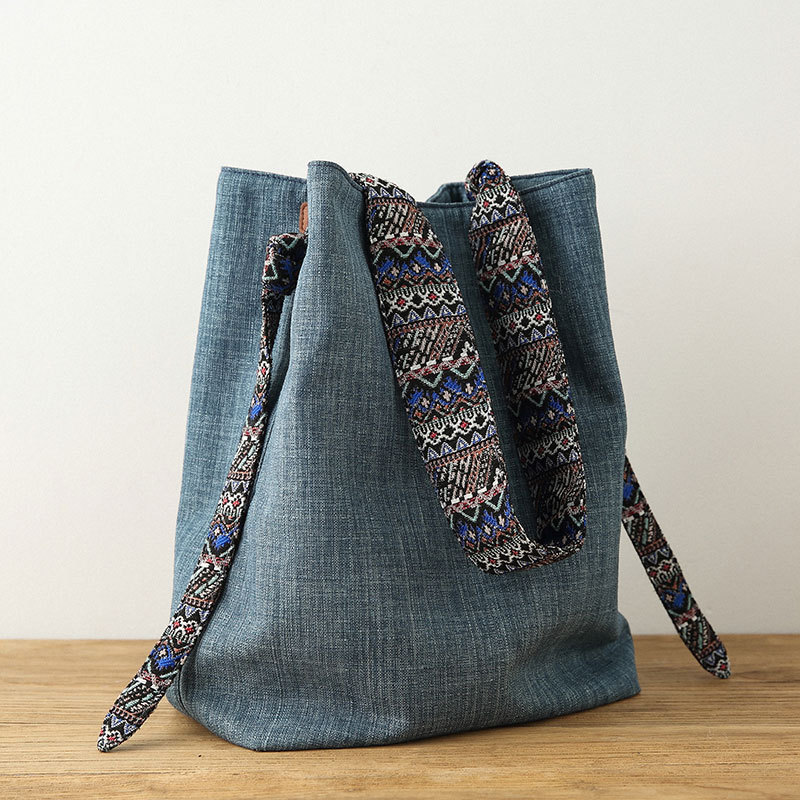 Folk Straps Cotton Linen Bucket Bag for Women in Royal Blue Gray ...