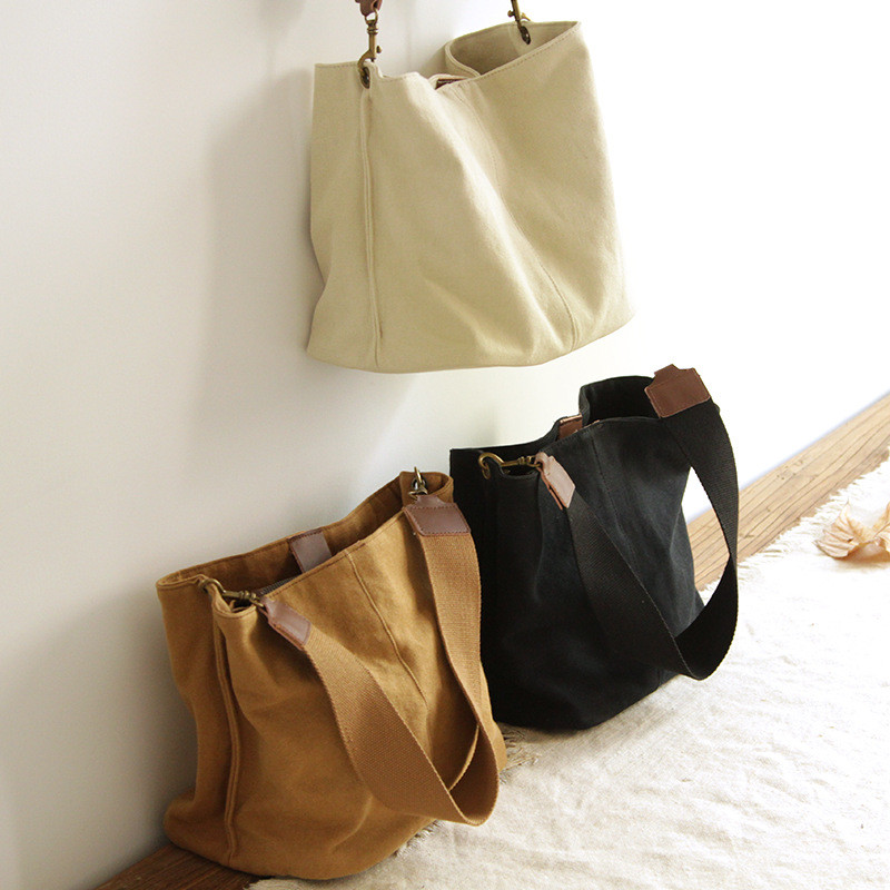 Simple Design Solid Color Canvas Bag in Khaki Beige Black - Morimiss.com