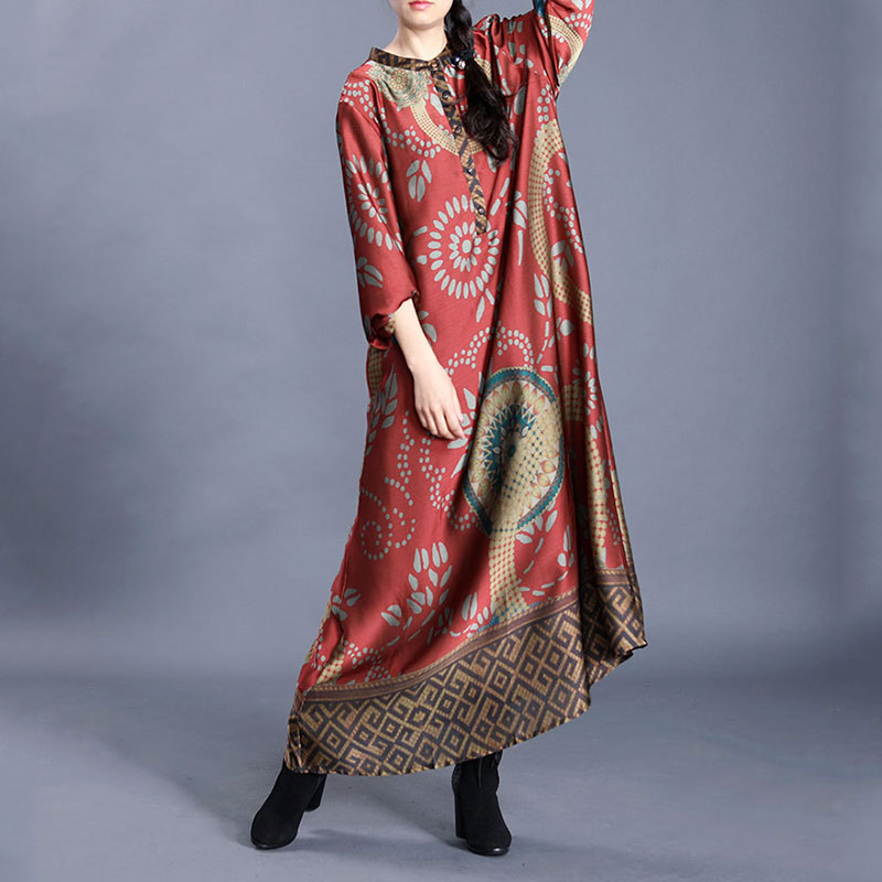 Totem Pattern Silk Modest Dress Loose Maxi Church Dress in Red Black ...