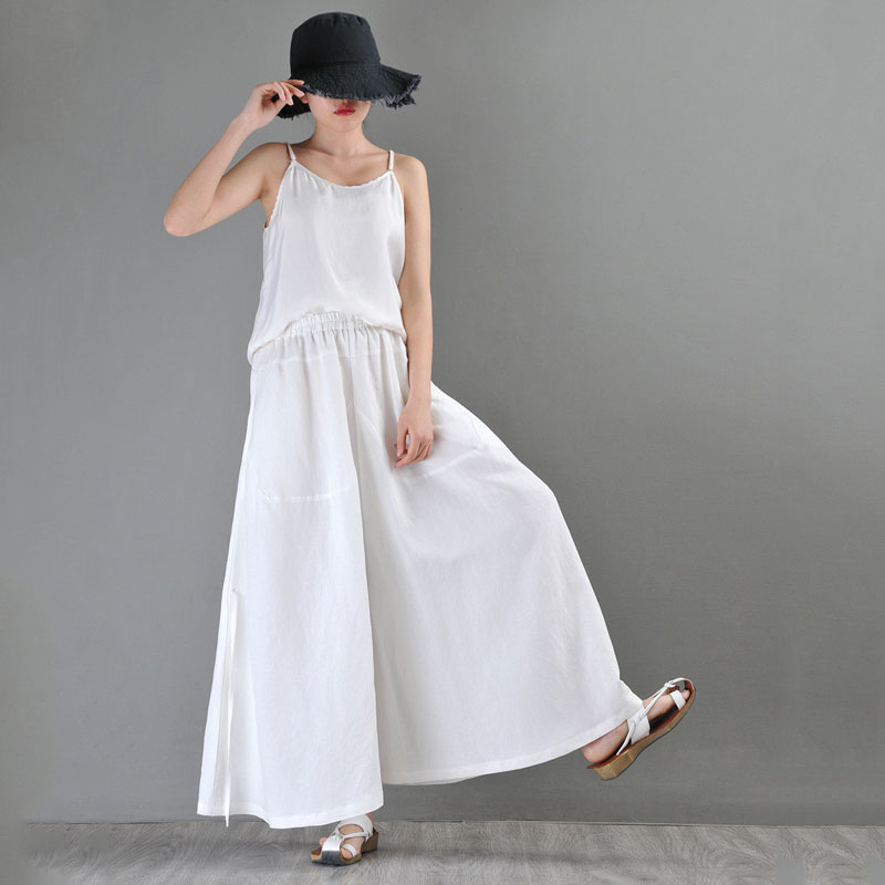Beach Fashion Drawstring Linen Pants White Wide Leg Pants in White One ...
