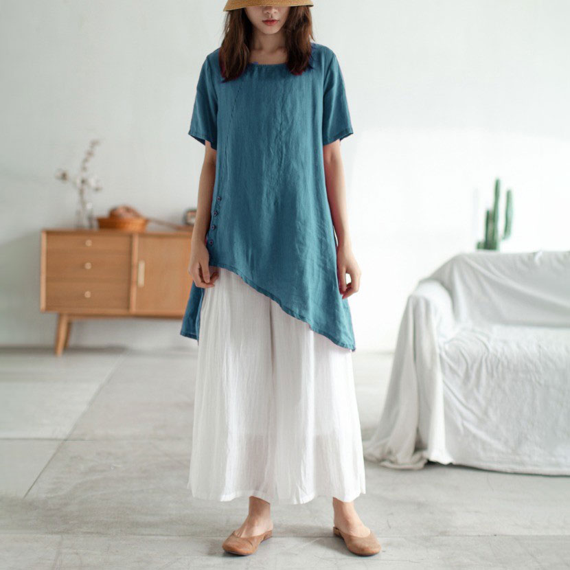 Casual Style Linen Tunic Shirt Short Sleeves Asymmetrical Blouse in ...