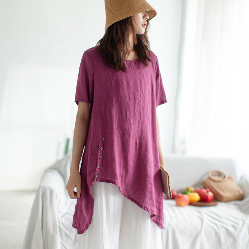 Casual Style Linen Tunic Shirt Short Sleeves Asymmetrical Blouse in ...