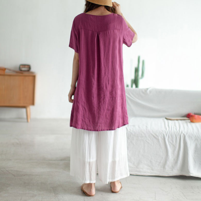 Casual Style Linen Tunic Shirt Short Sleeves Asymmetrical Blouse in ...
