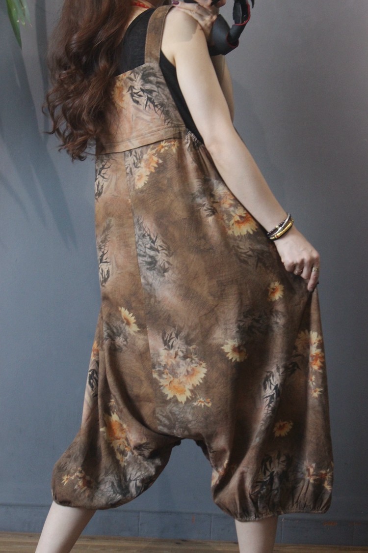 Brown Printed Balloon Overalls Loose Cotton Linen One Piece in Brown ...