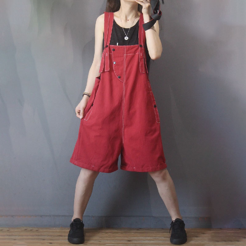 Casual Knee Length Overalls Shorts Summer Cotton Rompers in Red Apricot ...