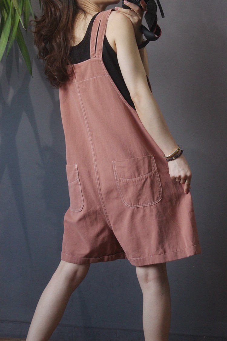 Casual Knee Length Overalls Shorts Summer Cotton Rompers in Red Apricot ...