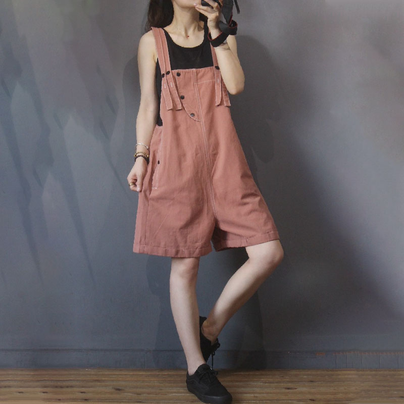 Casual Knee Length Overalls Shorts Summer Cotton Rompers in Red Apricot ...