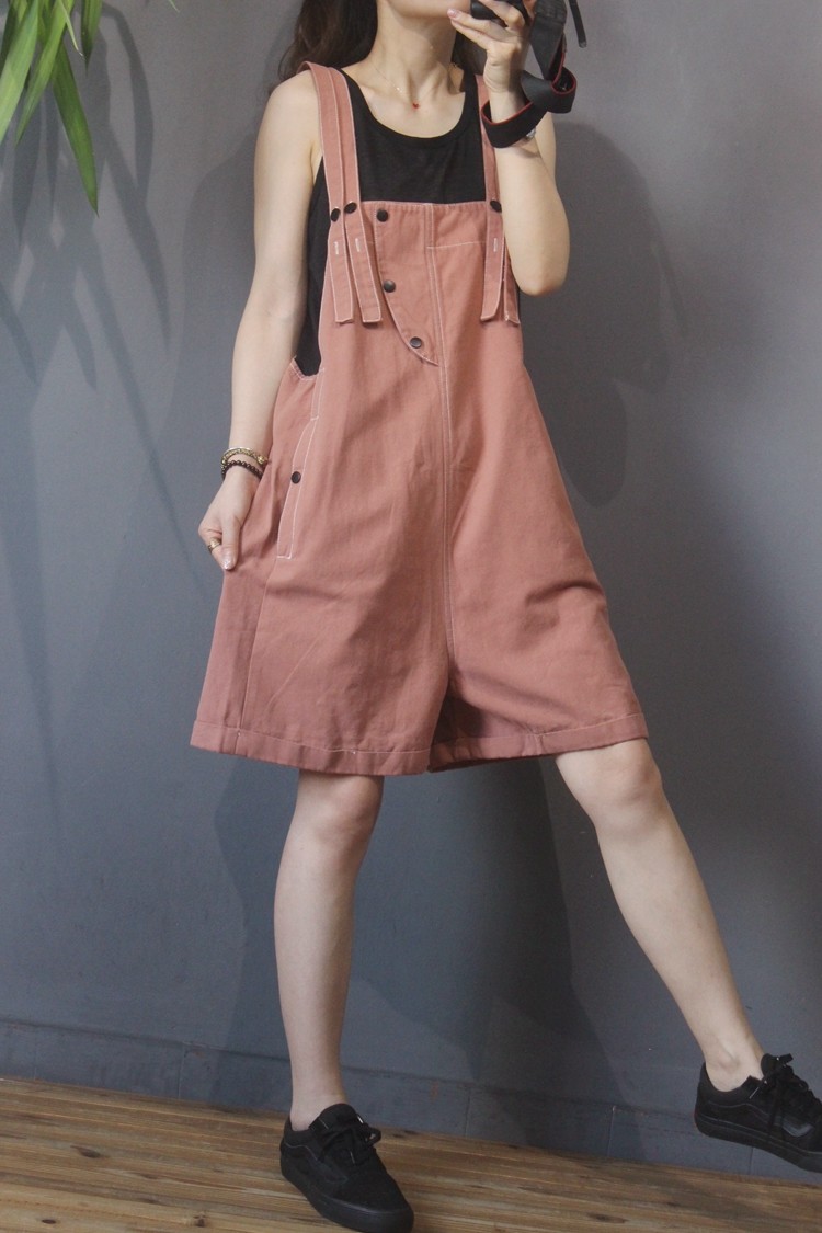 Casual Knee Length Overalls Shorts Summer Cotton Rompers in Red Apricot ...