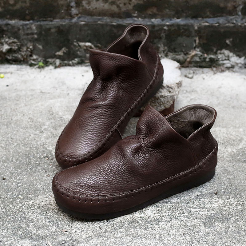 Manual Sewing Pleated Comfy Boots Winter Leather Ankle Boots in Brown ...