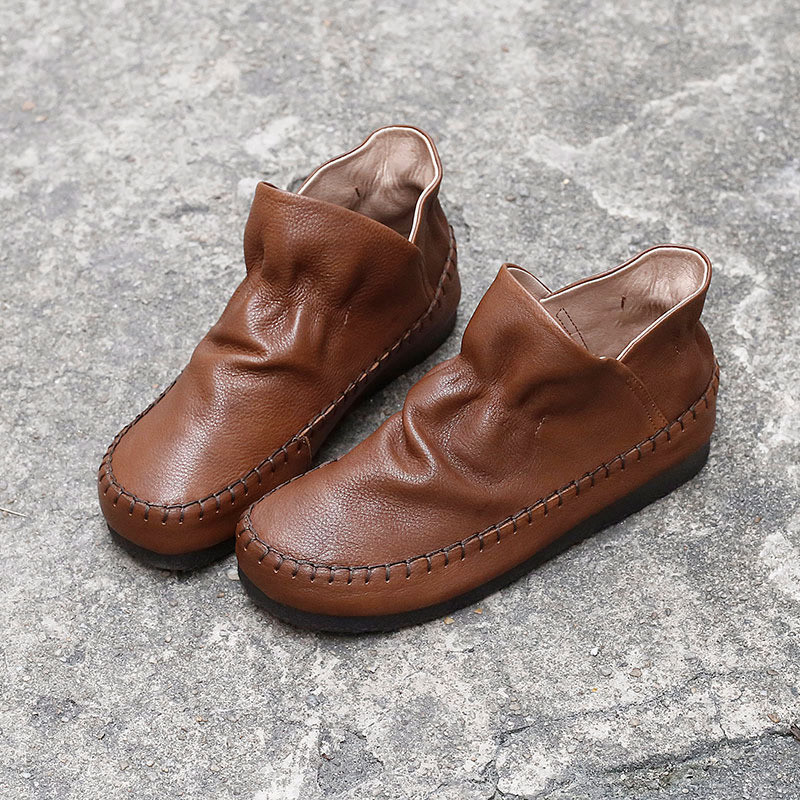 Manual Sewing Pleated Comfy Boots Winter Leather Ankle Boots in Brown ...