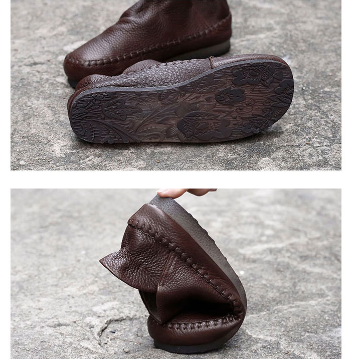 Manual Sewing Pleated Comfy Boots Winter Leather Ankle Boots in Brown ...