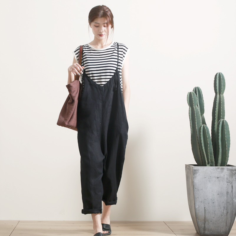 Loose Wide Leg Overalls V-Neck Spaghetti Straps Linen One Piece in ...