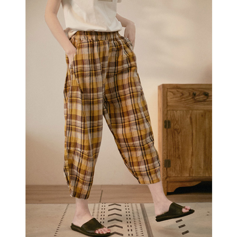 Baggy-Fit Yellow Tartan Pants Linen Casual Cropped Pants in Yellow One ...