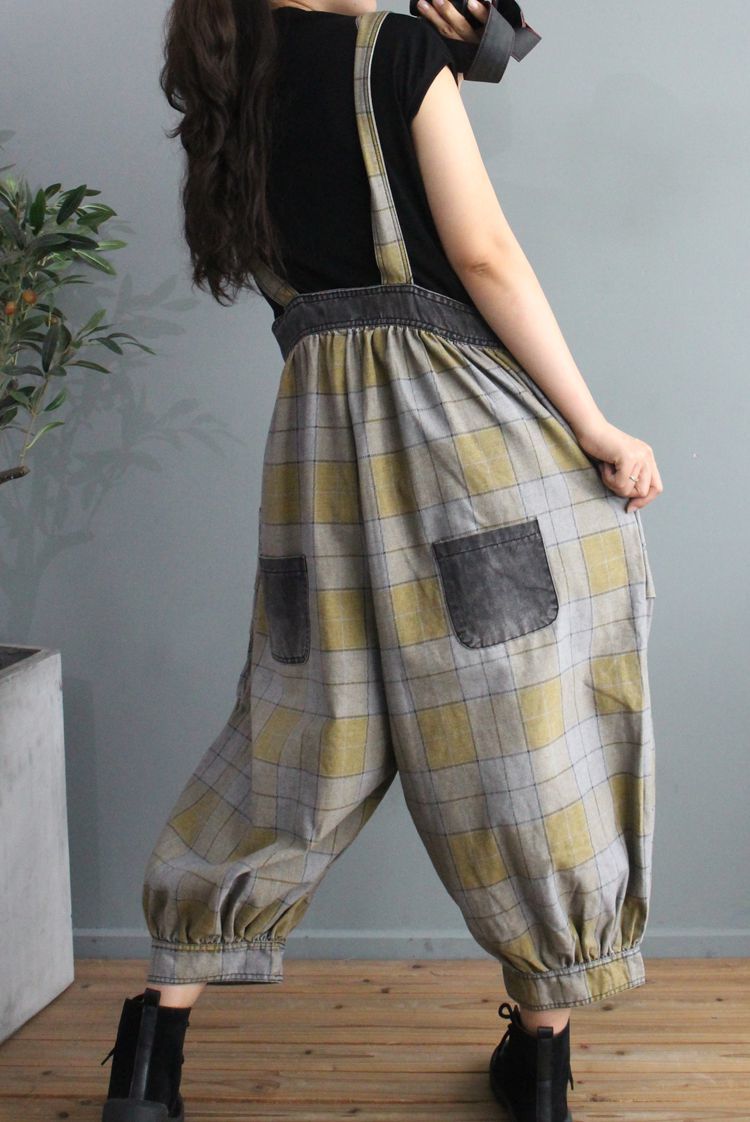 Fall Style Backless Tartan Overalls Relax-Fit Denim Bib Overalls in ...