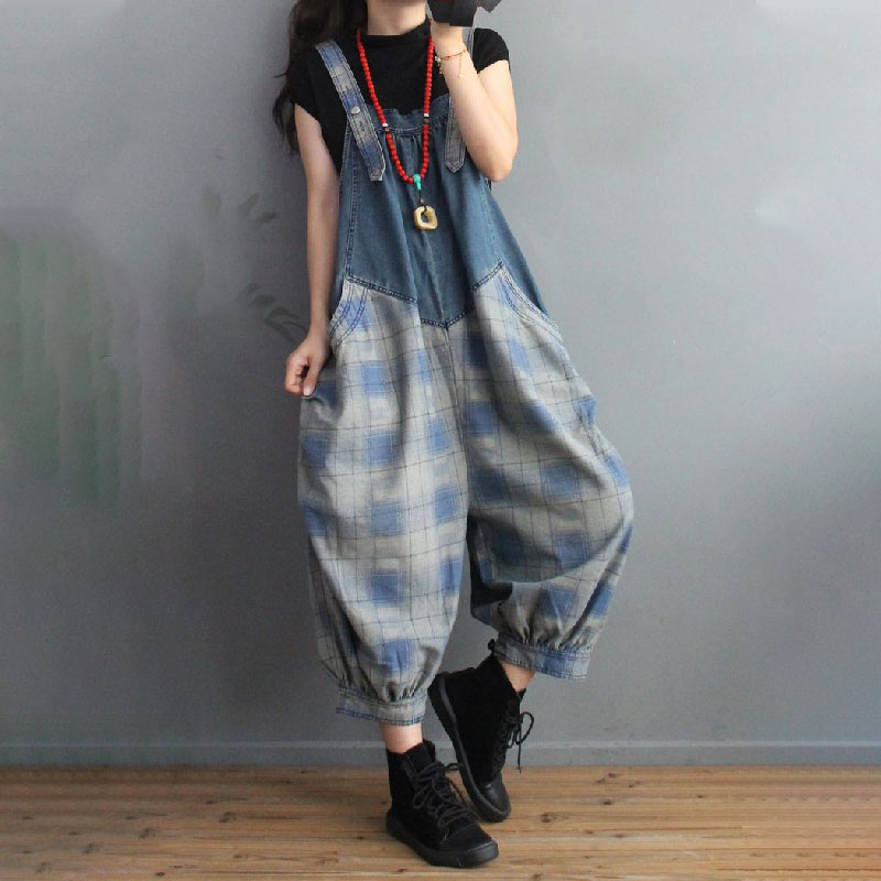 Fall Style Backless Tartan Overalls Relax-Fit Denim Bib Overalls in ...