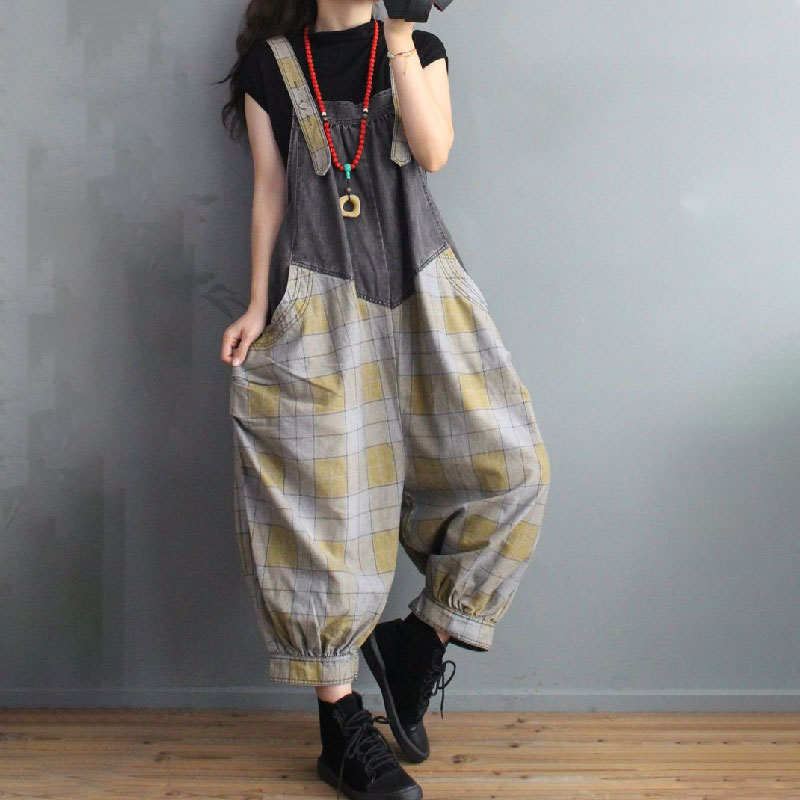 Fall Style Backless Tartan Overalls Relax-Fit Denim Bib Overalls in ...