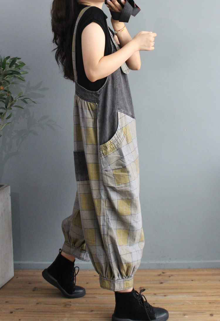 Fall Style Backless Tartan Overalls Relax-Fit Denim Bib Overalls in ...