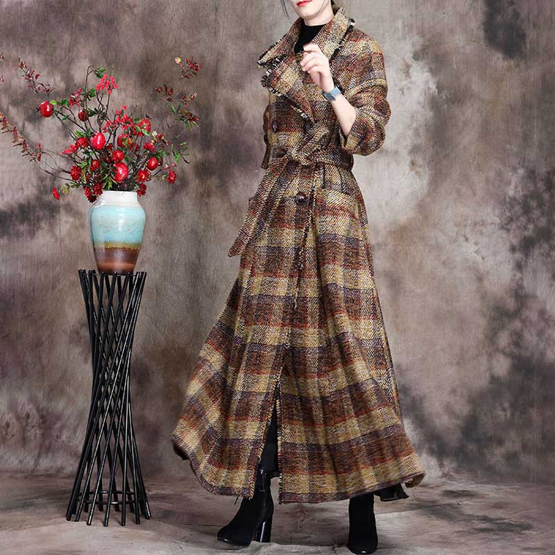 French Style Long Checkered Coat Turn-Down Collar Tied Wool Coat in ...