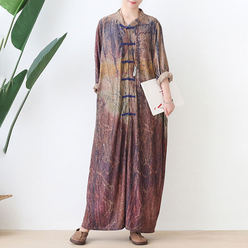 Chinese Buttons Thigh Slit Dress Winter Plus Size Caftan in Print One ...