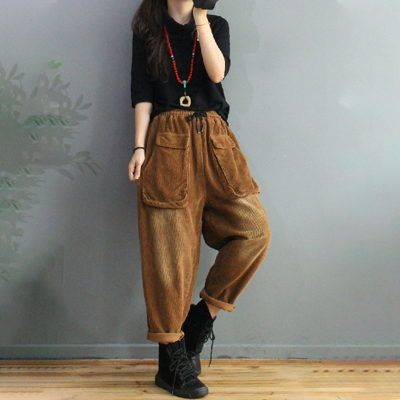 Front Flap Pockets Corduroy Pants Vintage Womens Pull-On Pants in Khaki ...