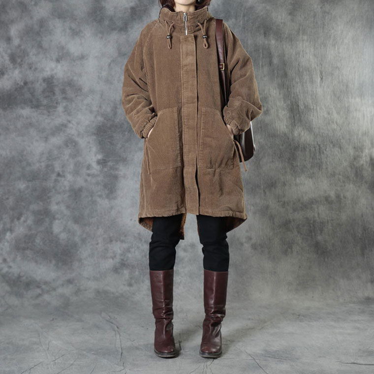 Fleeced Lining Long Tan Corduroy Jacket Midi Winter Coat in Dark Coffee ...