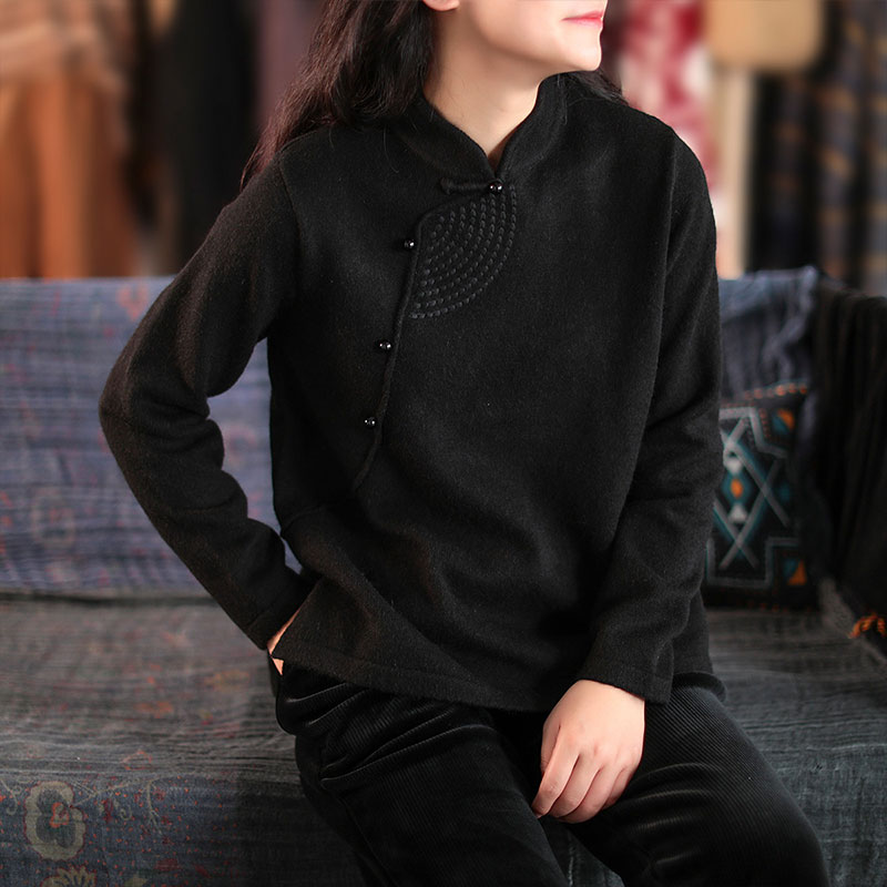 Mandarin Collar Chinese Sweater Beading Embroidered Tops in Black Light ...