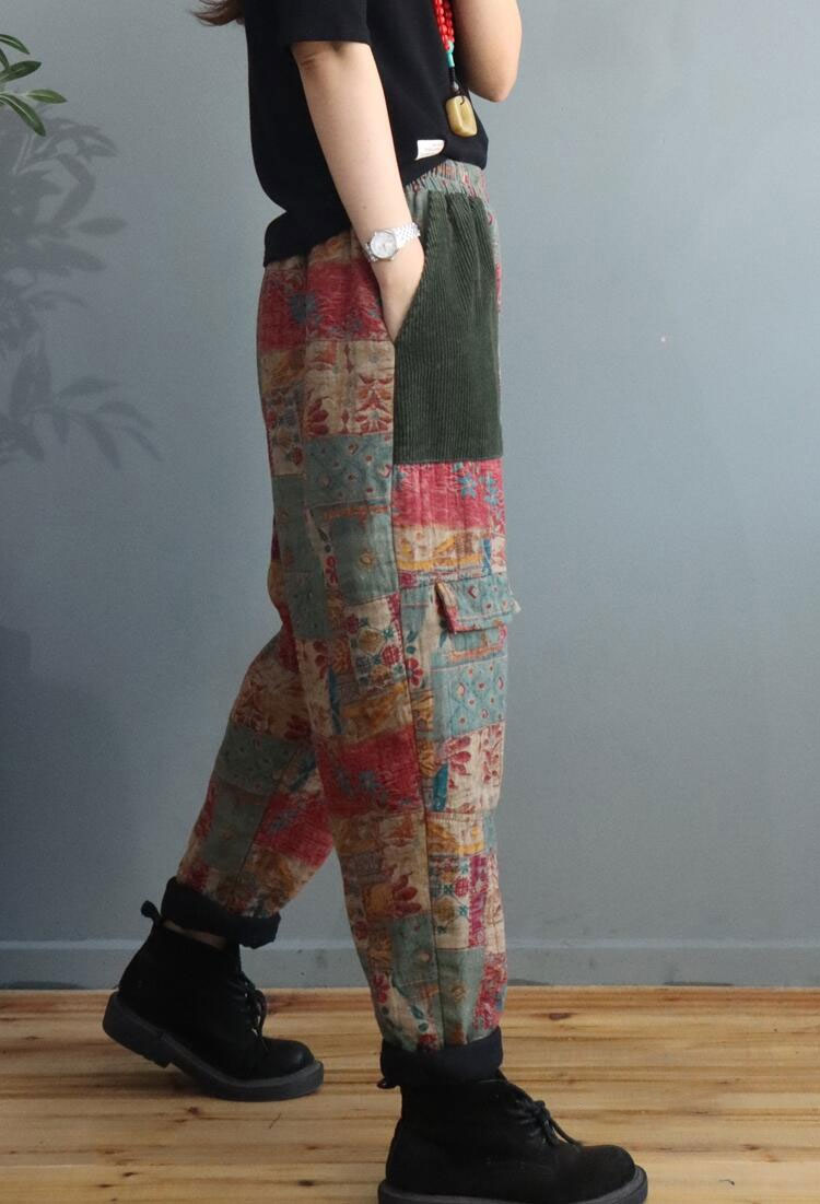 Ethnic Folk Printed Tapered Pants Cotton Linen Quilted Trousers in ...