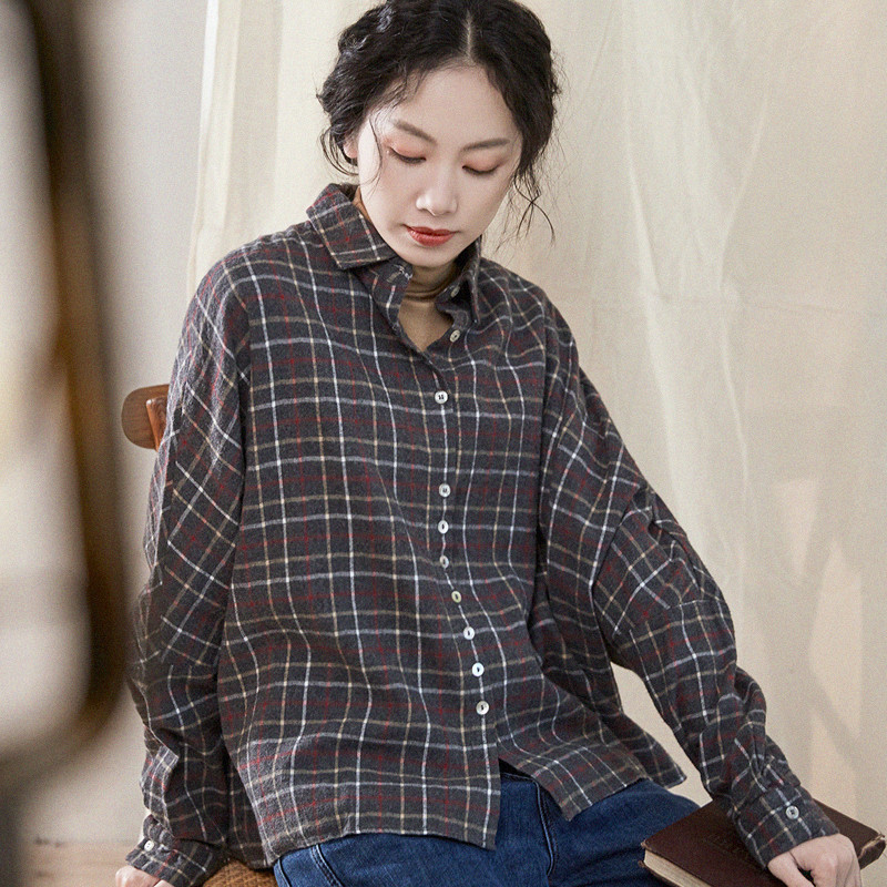 British Style Plus Size Checkered Shirt Cotton Casual Blouse in Red ...