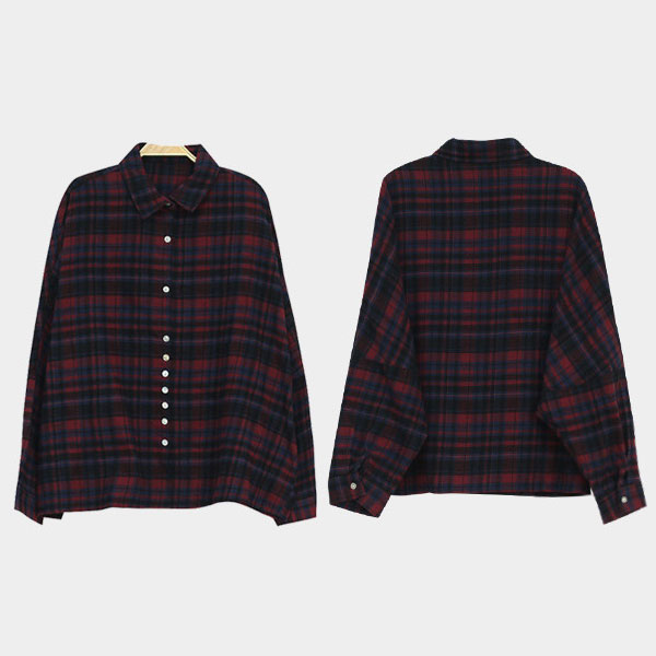 British Style Plus Size Checkered Shirt Cotton Casual Blouse in Red ...