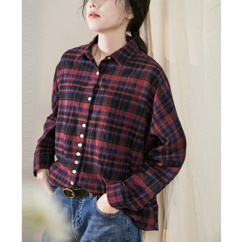 British Style Plus Size Checkered Shirt Cotton Casual Blouse in Red ...