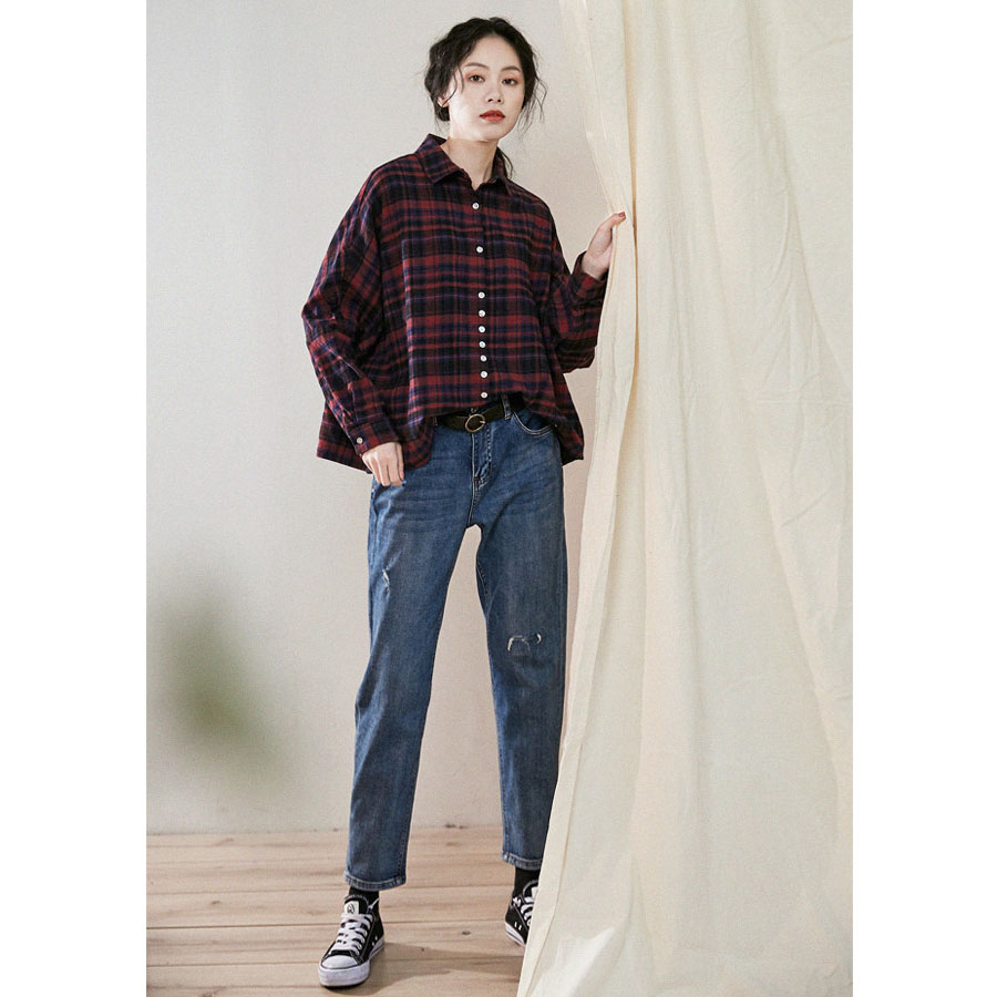 British Style Plus Size Checkered Shirt Cotton Casual Blouse in Red ...