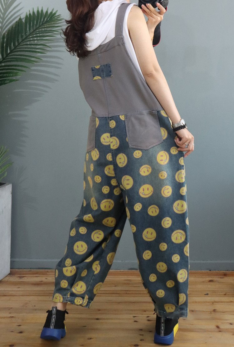 Colorful Graffiti Prints Green Overalls Smile Face Denim Bib Overalls ...