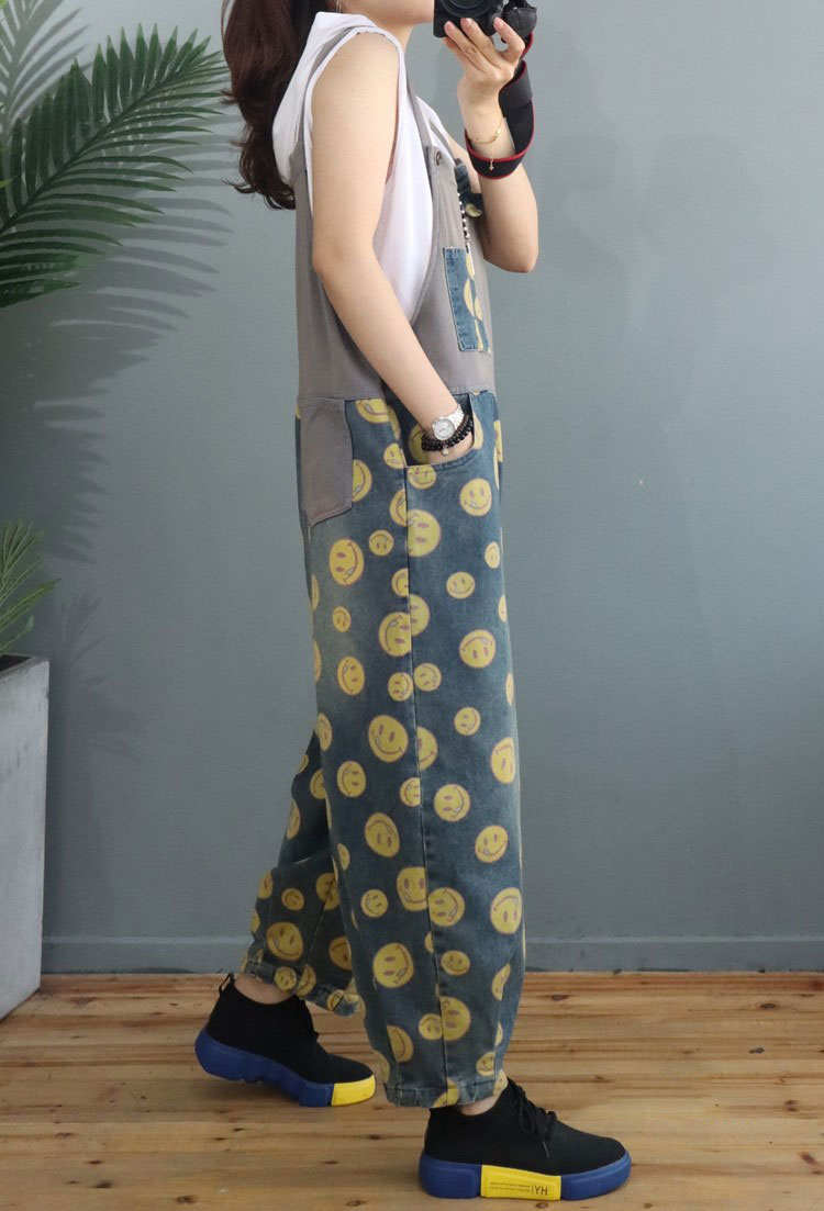 Colorful Graffiti Prints Green Overalls Smile Face Denim Bib Overalls ...