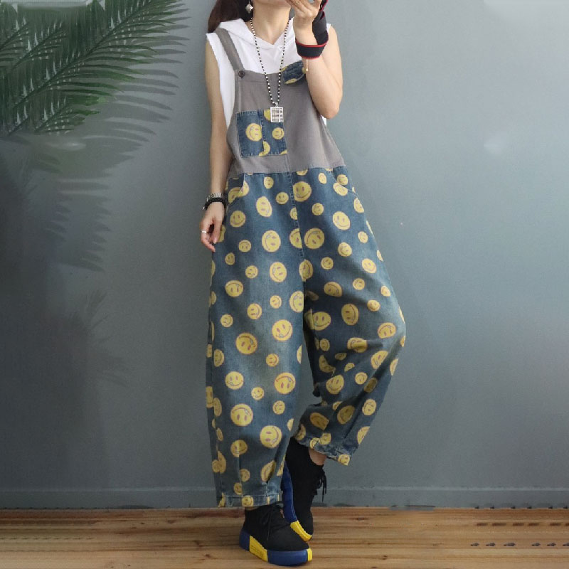 Colorful Graffiti Prints Green Overalls Smile Face Denim Bib Overalls ...