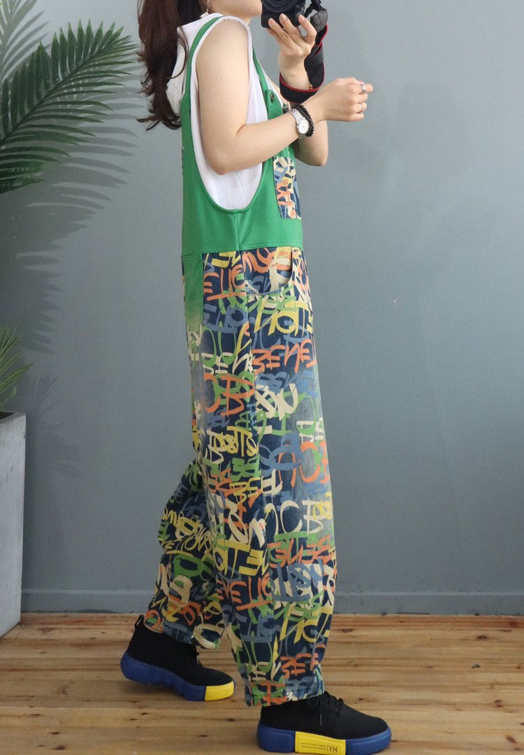 Colorful Graffiti Prints Green Overalls Smile Face Denim Bib Overalls ...