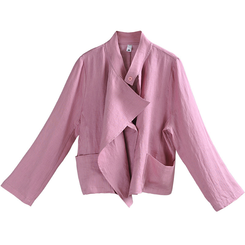 Casual Chic Linen Short Jacket Wide Lapel Designer Outerwear in Pink M ...