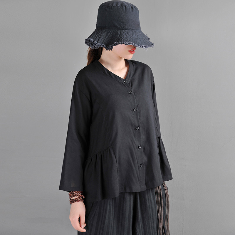 Neutral Colors Linen Blend Comfy Jacket Spring Ruffled Jacket in Black ...
