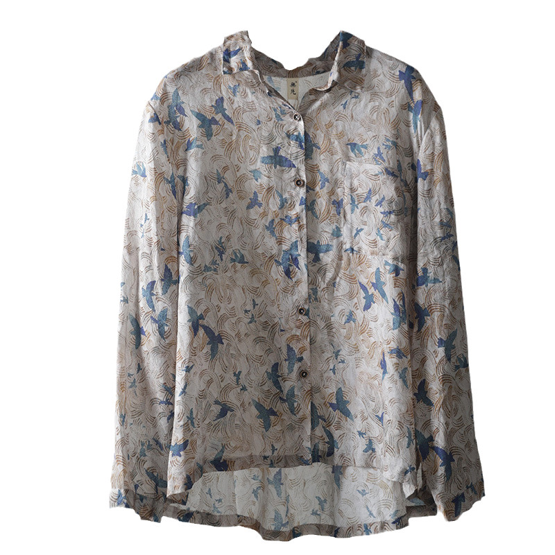 Blue Birds Pattern Oversized Shirt Long Sleeves Flax Clothing in Print ...
