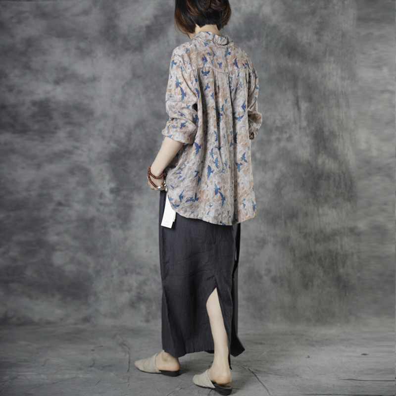 Blue Birds Pattern Oversized Shirt Long Sleeves Flax Clothing in Print ...