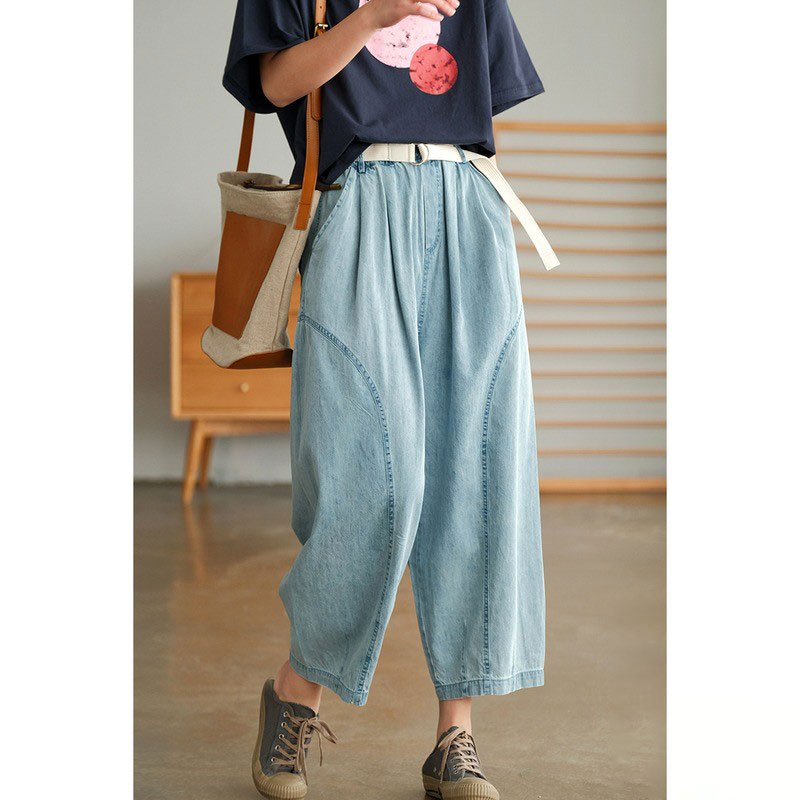 Light Blue Comfy Summer Jeans Womens Baggy Straight Leg Jeans with Belt ...