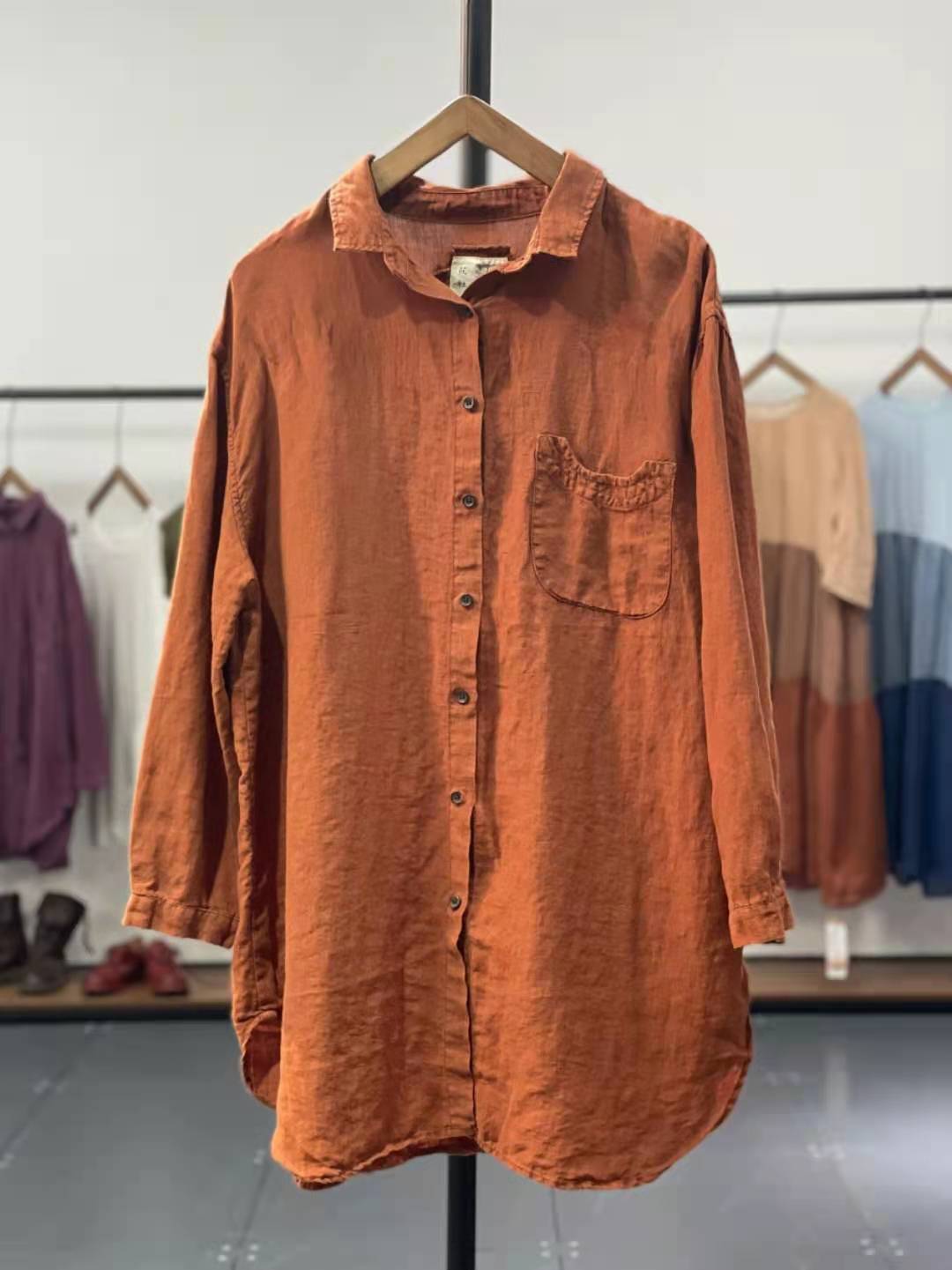 BF Style Linen Blouse Chest Pockets Oversized Shirt in Grape Rust One ...