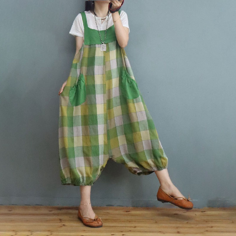 Big Plaids Cotton Linen Bloomer Overalls Cotton Linen Large Overalls in ...