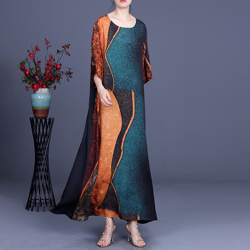 Multi-Colored Long Shift Dress Silky Comfy Elegant Dress in Blackish ...