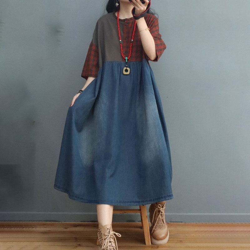 High-Waist Loose Denim Dress Outfits Stone Wash Checker Dress in Black ...